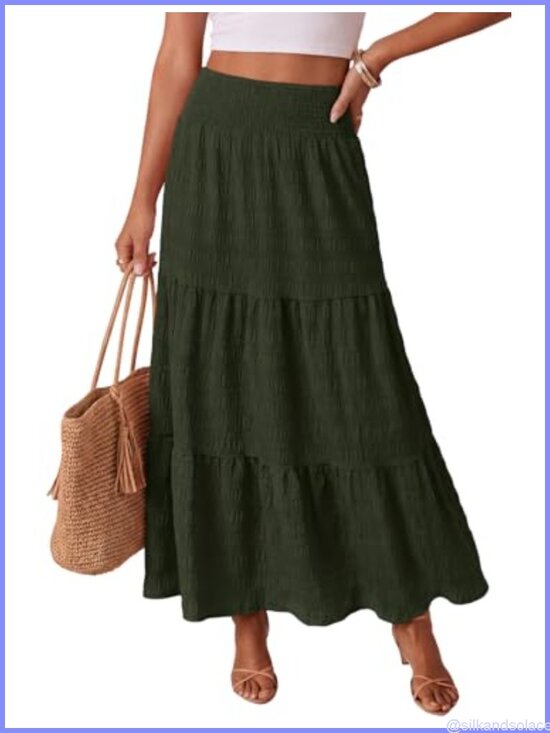 Skirts | Boho Maxi Skirt Flowy Tiered Aline With Pockets Smocked Waist ...